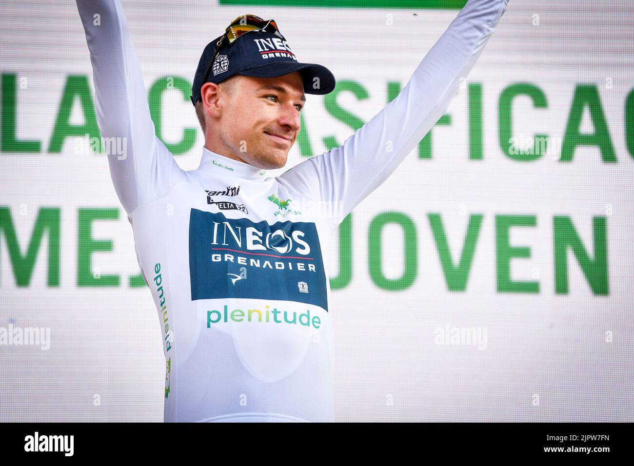 British Ethan Hayter of Ineos Grenadiers celebrates on the podium in ...