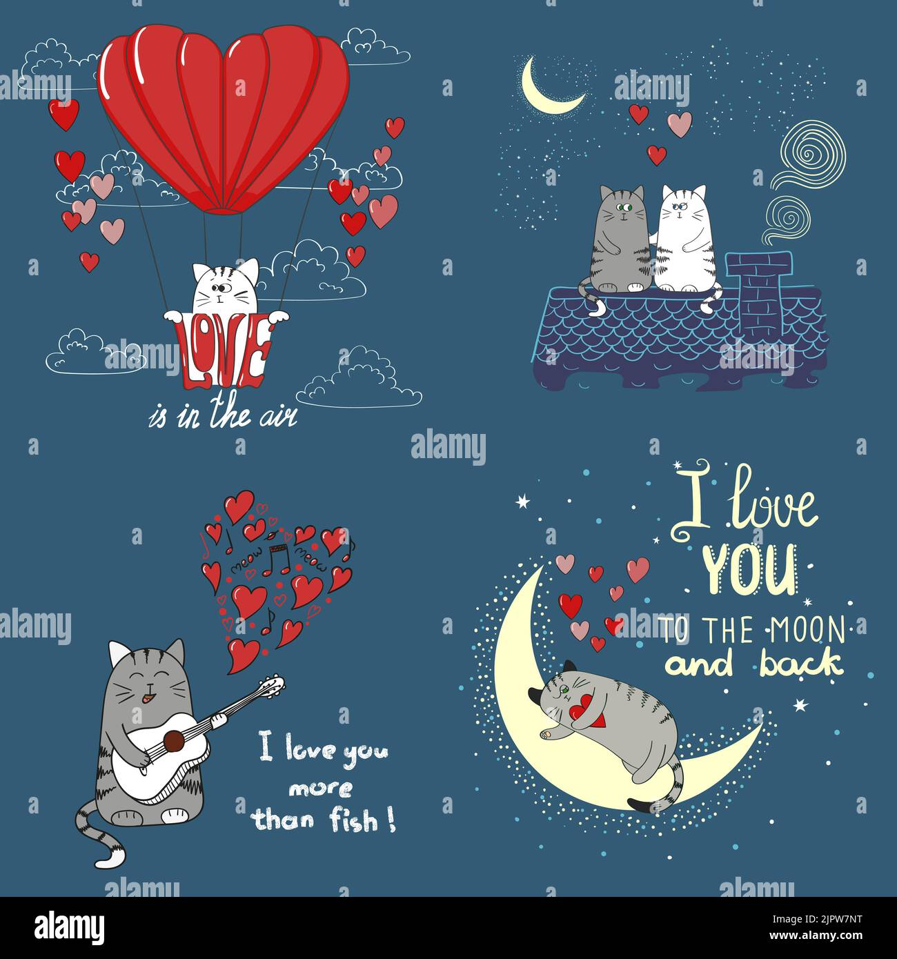 Cute cats in love. Set of romantic backgrounds. Collection of Valentine ...