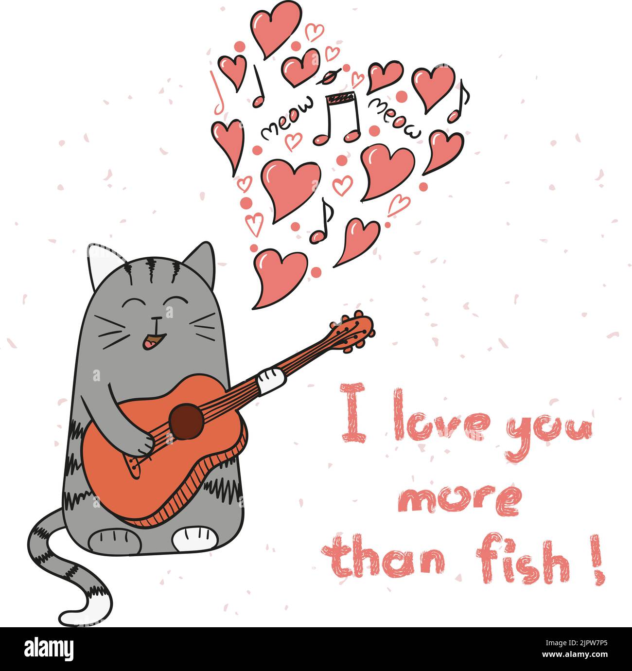 Cute cartoon cat in love. Doodle singing cat with guitar. Valentine`s ...