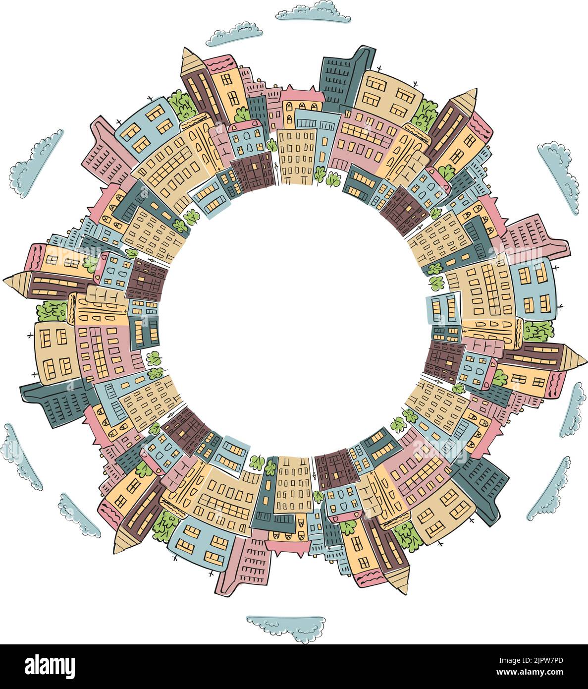 Round frame with colorful doodle city buildings. Vector illustration of ...