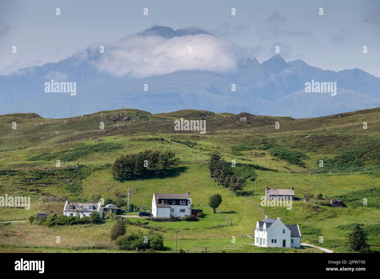 View of the Cuillin mountains from the village of Tarskavaig on the ...