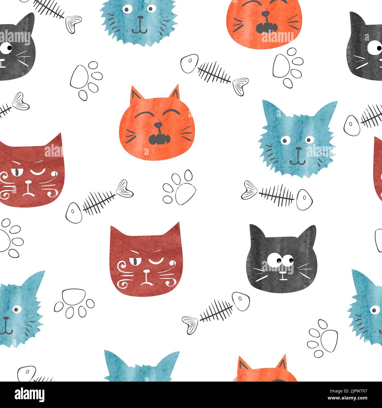 Watercolor Cute Cats Seamless Pattern Vector Background With Funny Cat