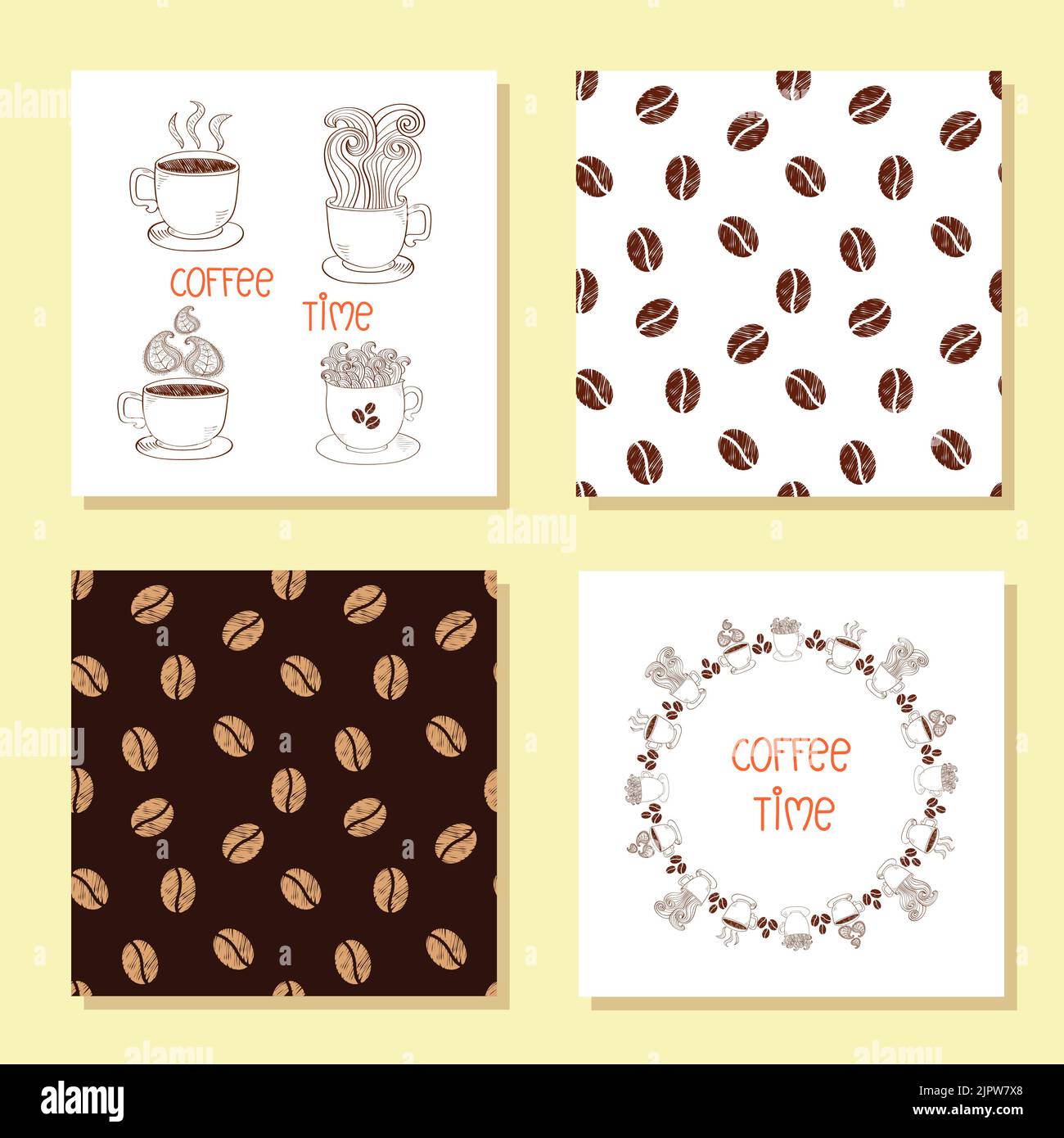Coffee set. Coffee beans seamless pattern. Round frame with cups of ...
