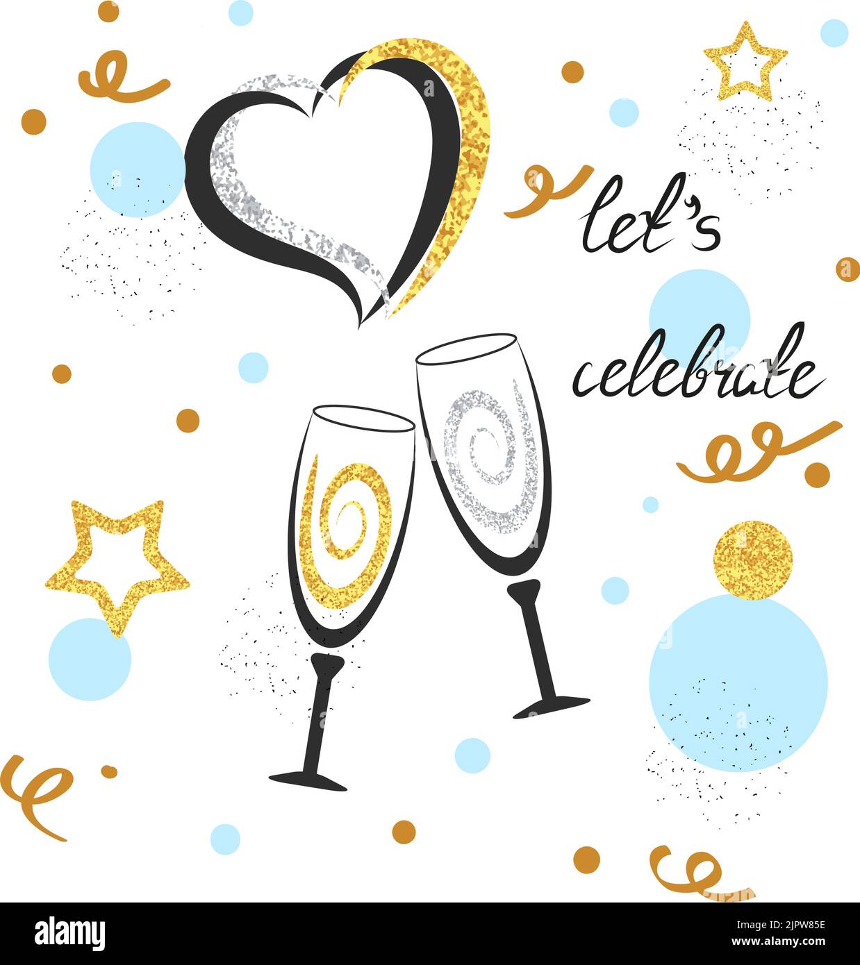 Champagne glasses with sparkling hearts, stars and dots. Celebration ...