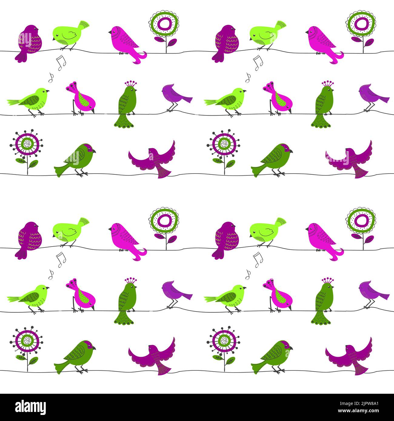 Birds on a wire. Seamless pattern with cute cartoon birds in green and ...