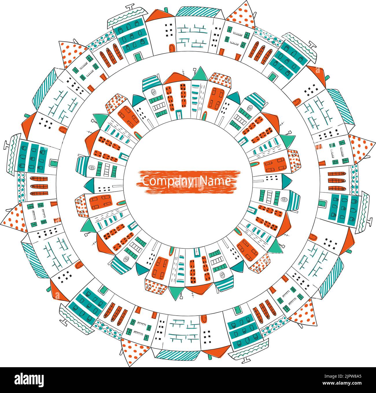 Circle logo with doodle houses. Cityscape frame. Vector round background with sketch houses ...