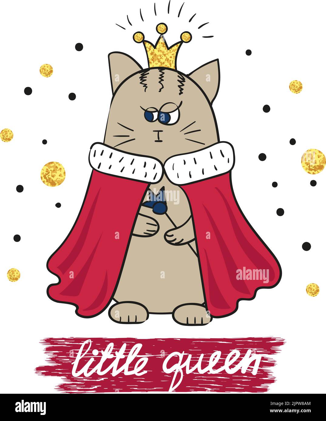 Cartoon little queen. Cute cat in royal gown and crown. Vector ...
