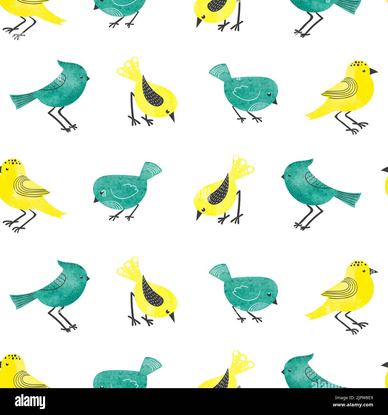 Cute watercolor birds seamless pattern. Vector background with cartoon ...