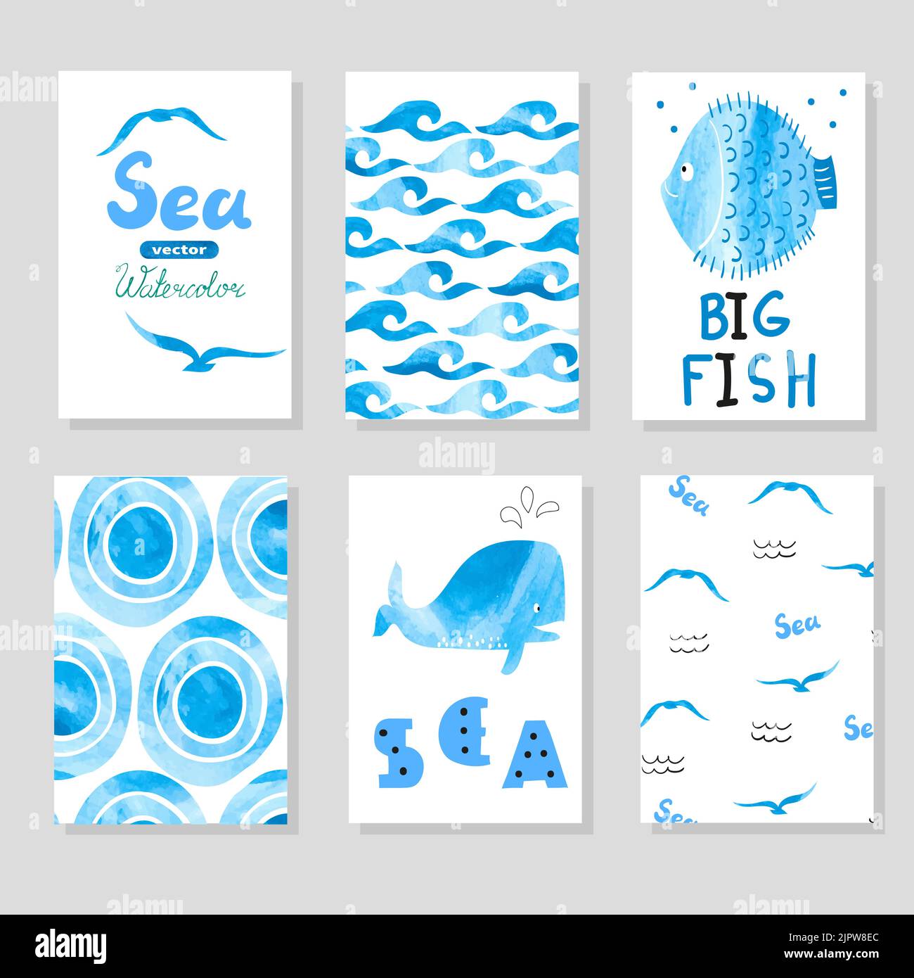 Watercolor sea set in blue and white colors. Collection of cards ...