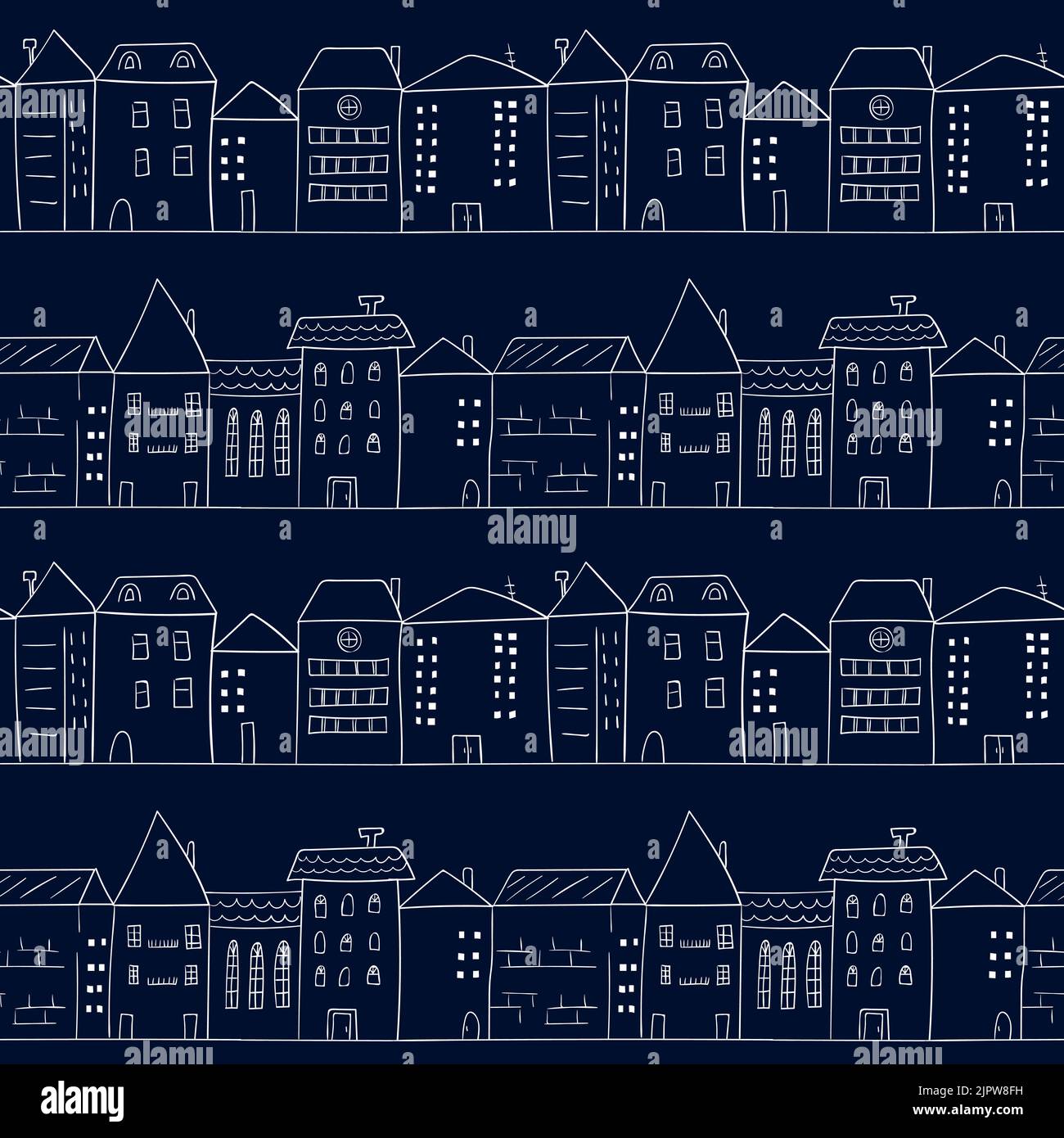 Doodle houses seamless pattern. Sketchy cityscape. Vector background of ...