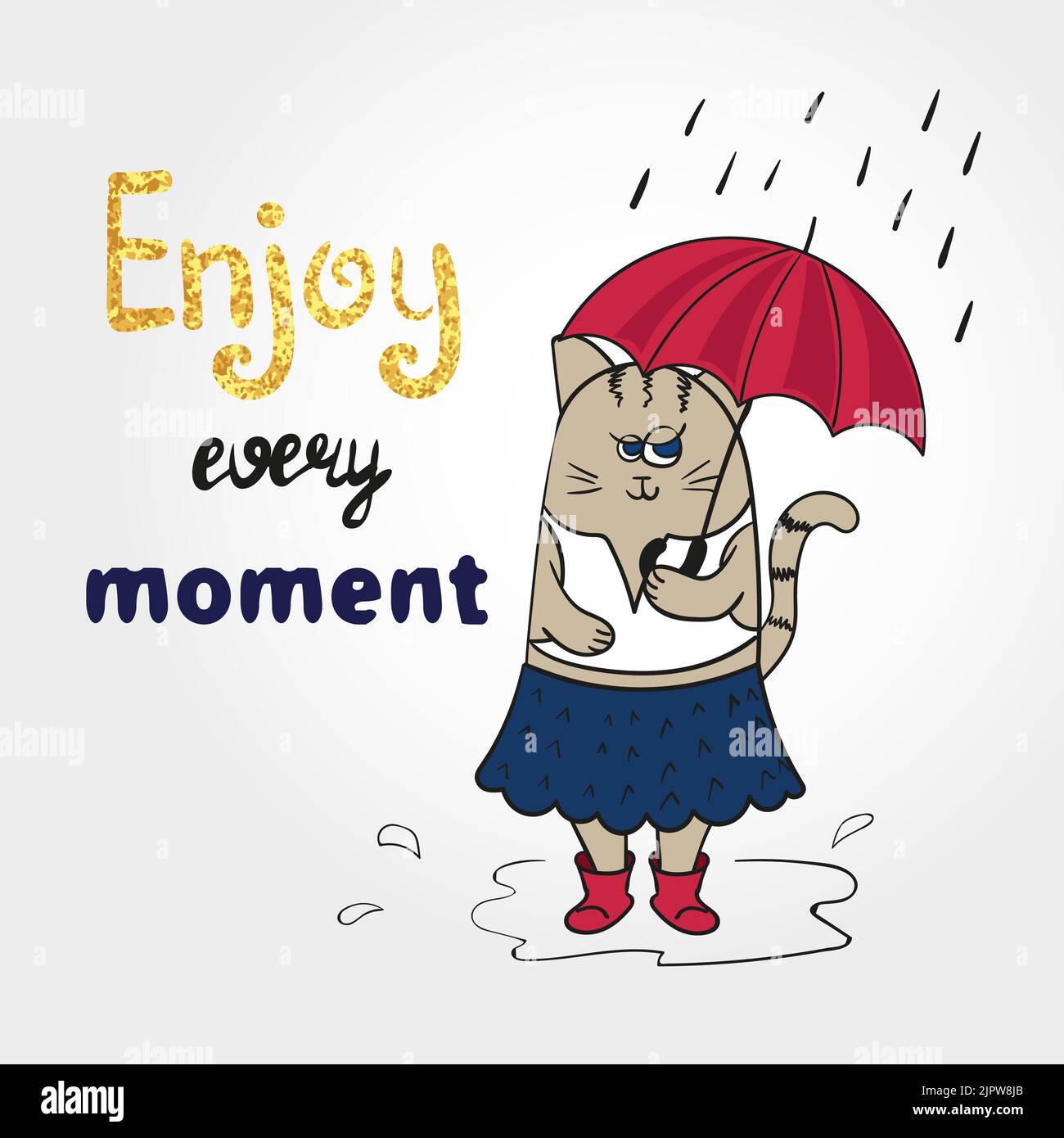 Cute cartoon cat with umbrella. Enjoy every moment lettering. Vector ...