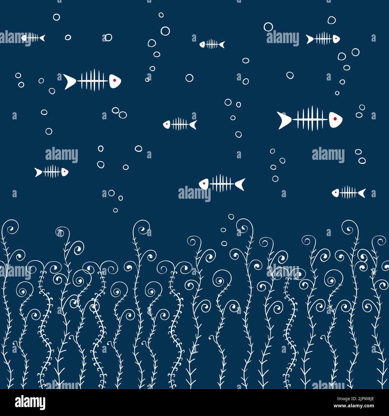 Horizontal seamless pattern with fish bones and abstract seaweeds ...