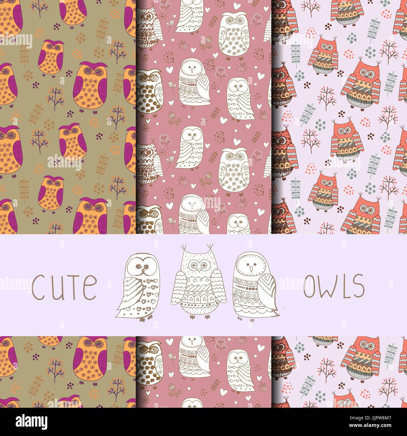 Cute owls seamless pattern. Set of vector backgrounds with doodle owls ...