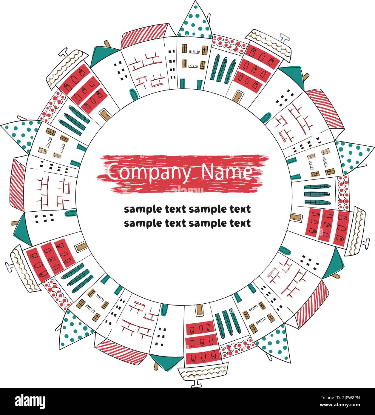 Round frame with doodle houses. Circle city pattern. Sketch vector ...