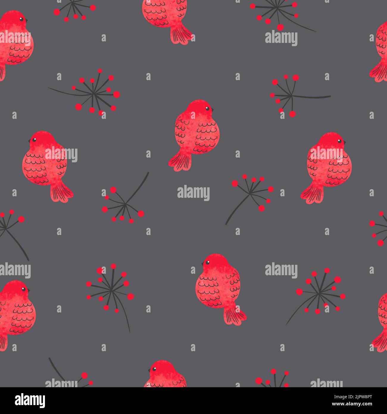 Watercolor red birds seamless pattern. Vector background with cute ...
