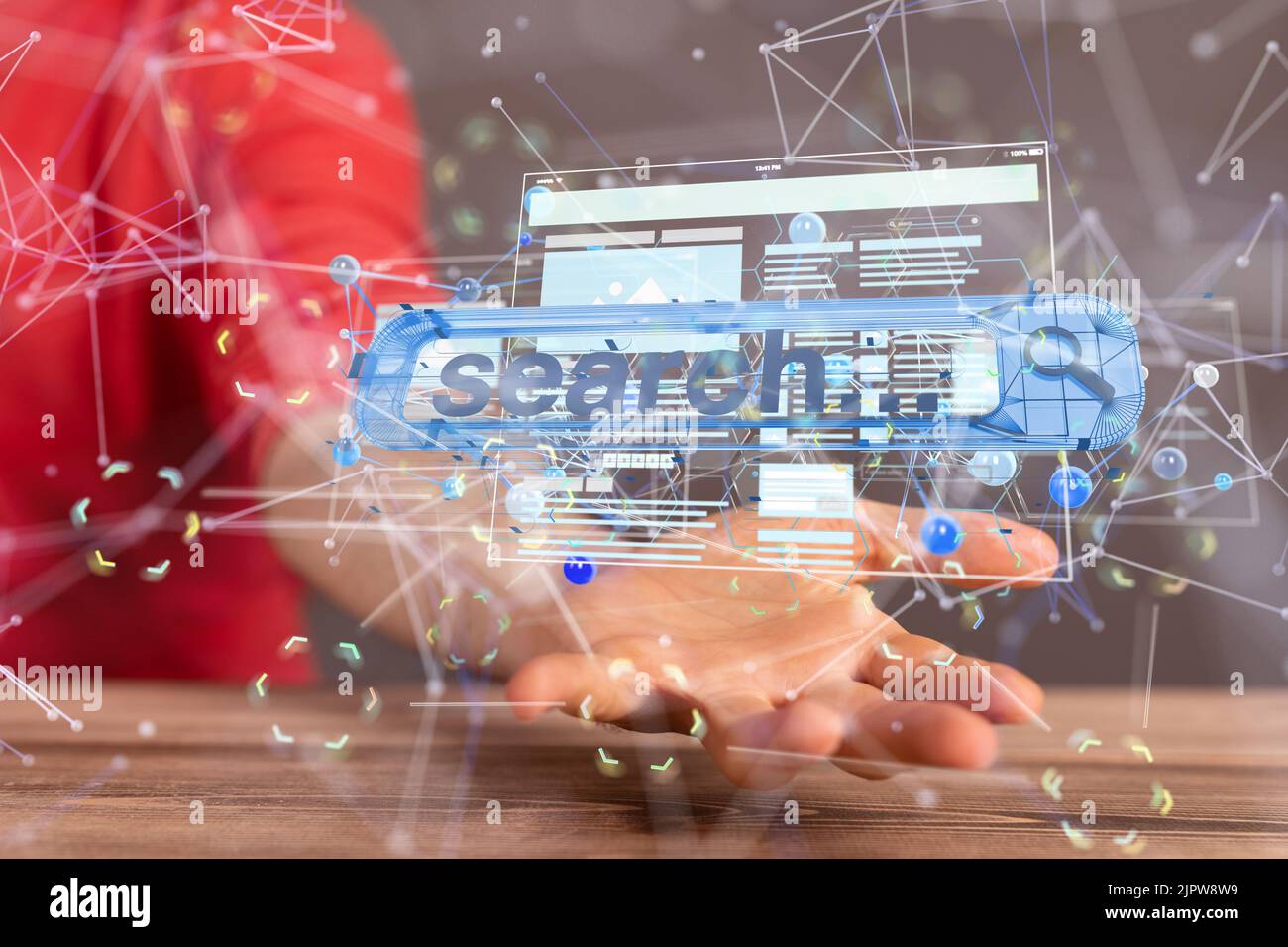 A 3d floating digital illustration of Interface web application in hand- concept of big data and ...