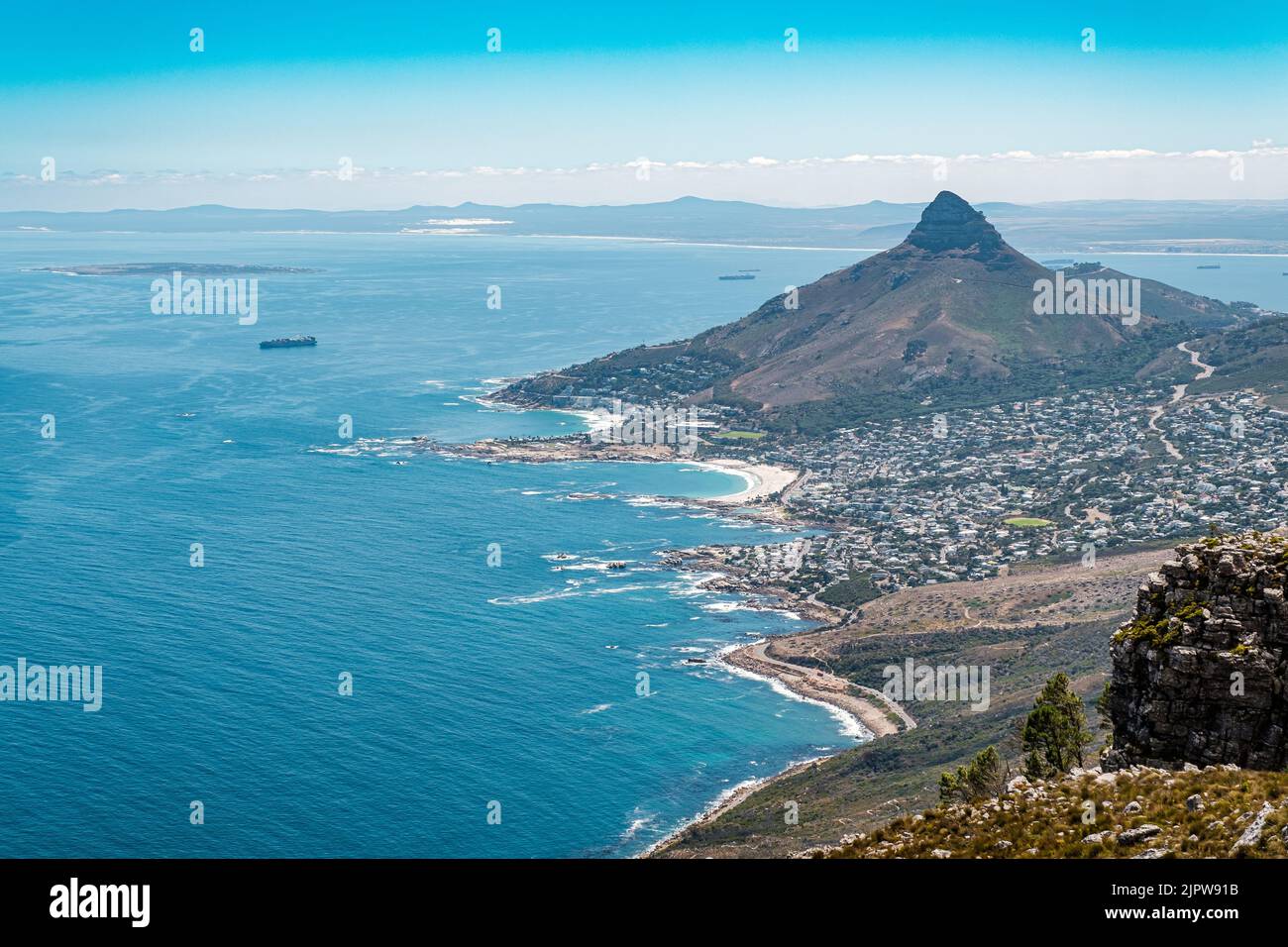 An aerial view of Cape Town on Table Mountain facing the ocean Stock ...
