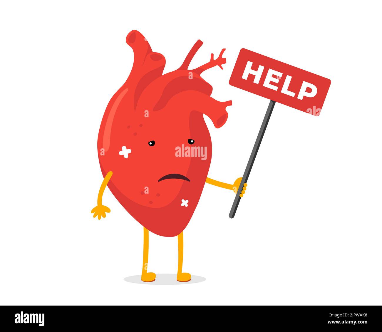 Cartoon sad suffering sick human heart character. Unhealthy damage ...