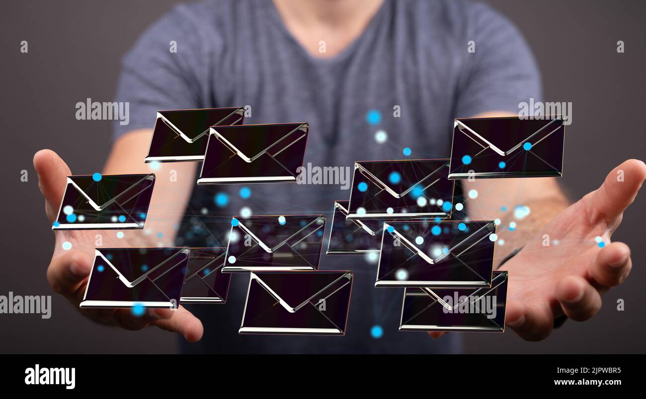 The hovering message icons between hands Stock Photo - Alamy