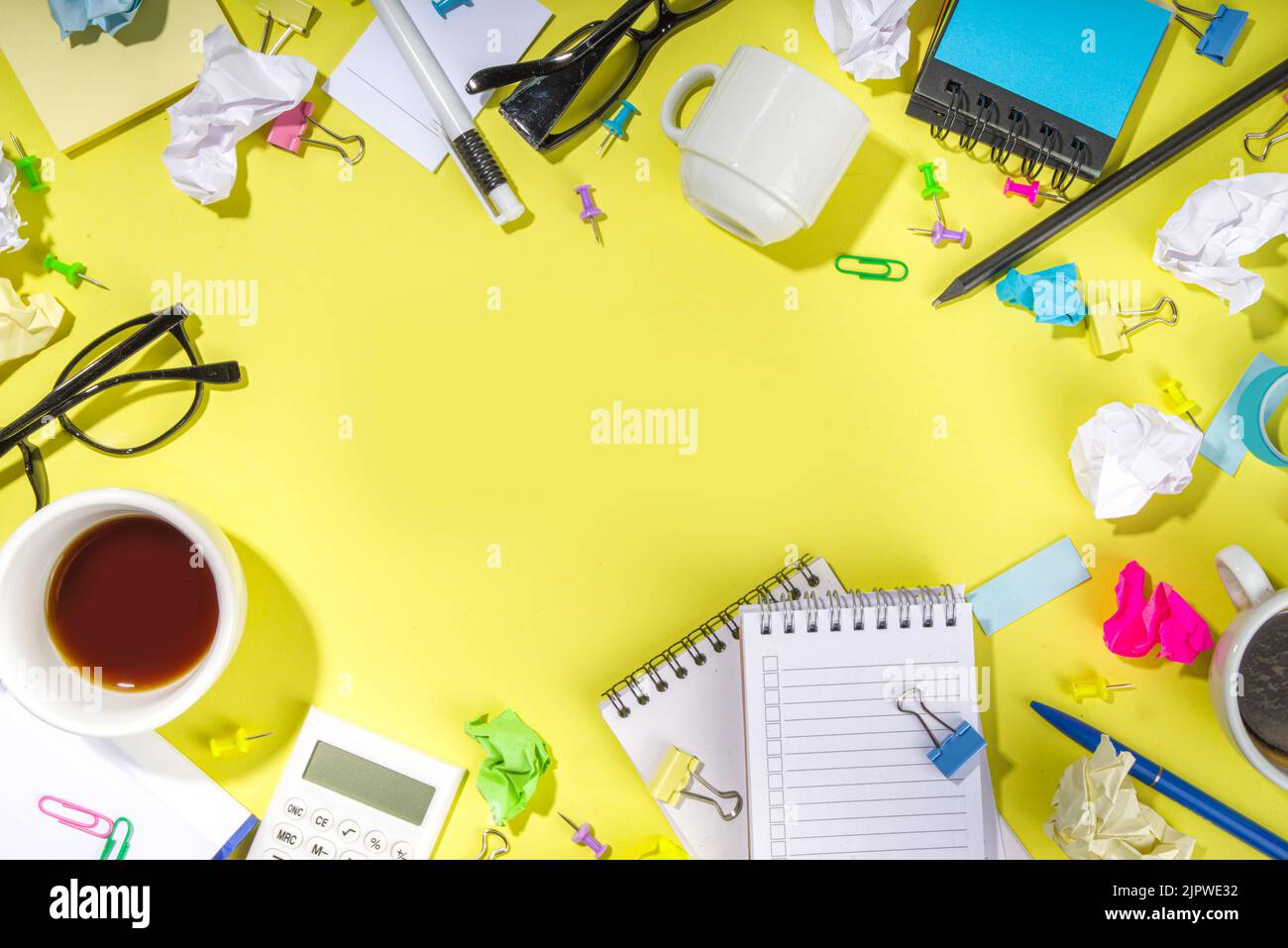 Brainstorming office table background. Office work table with notepads ...
