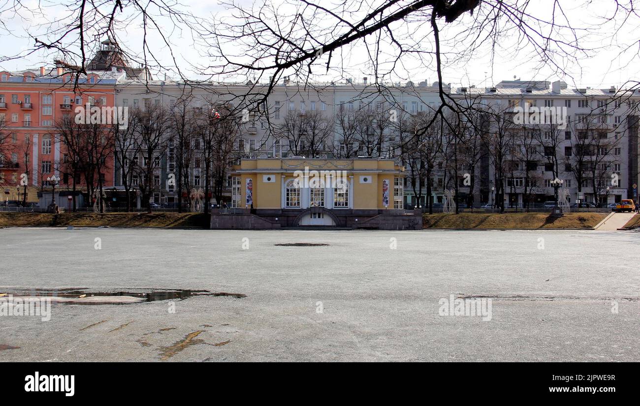 Patriarch Ponds, covered in melting ice, Boat House on the southeast ...