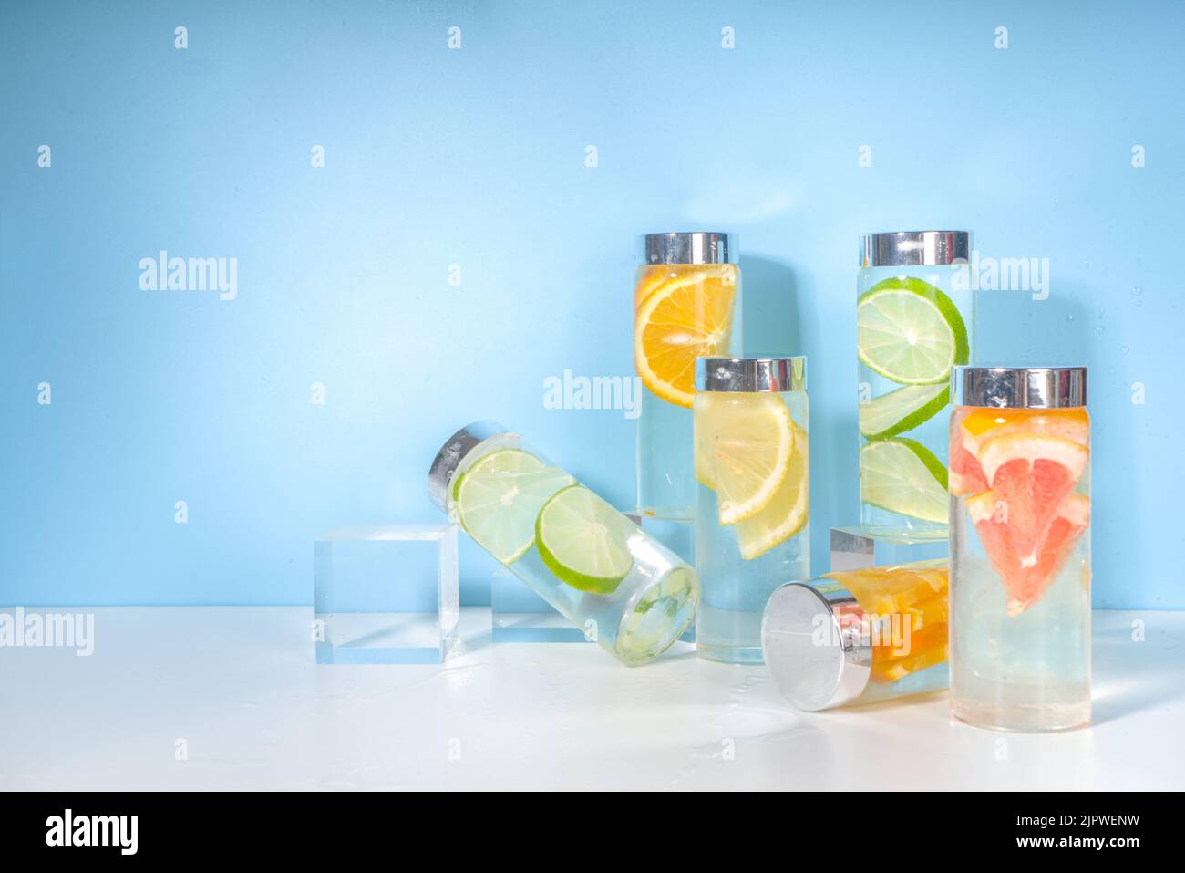 Variety of cold drinks in bottles, summer infused water bottles ...