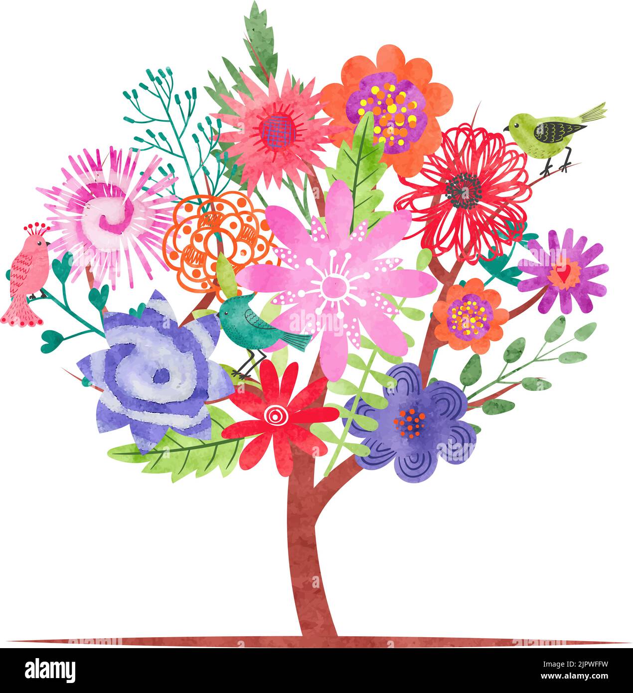 Watercolor blossom tree with abstract colorful flowers and birds ...
