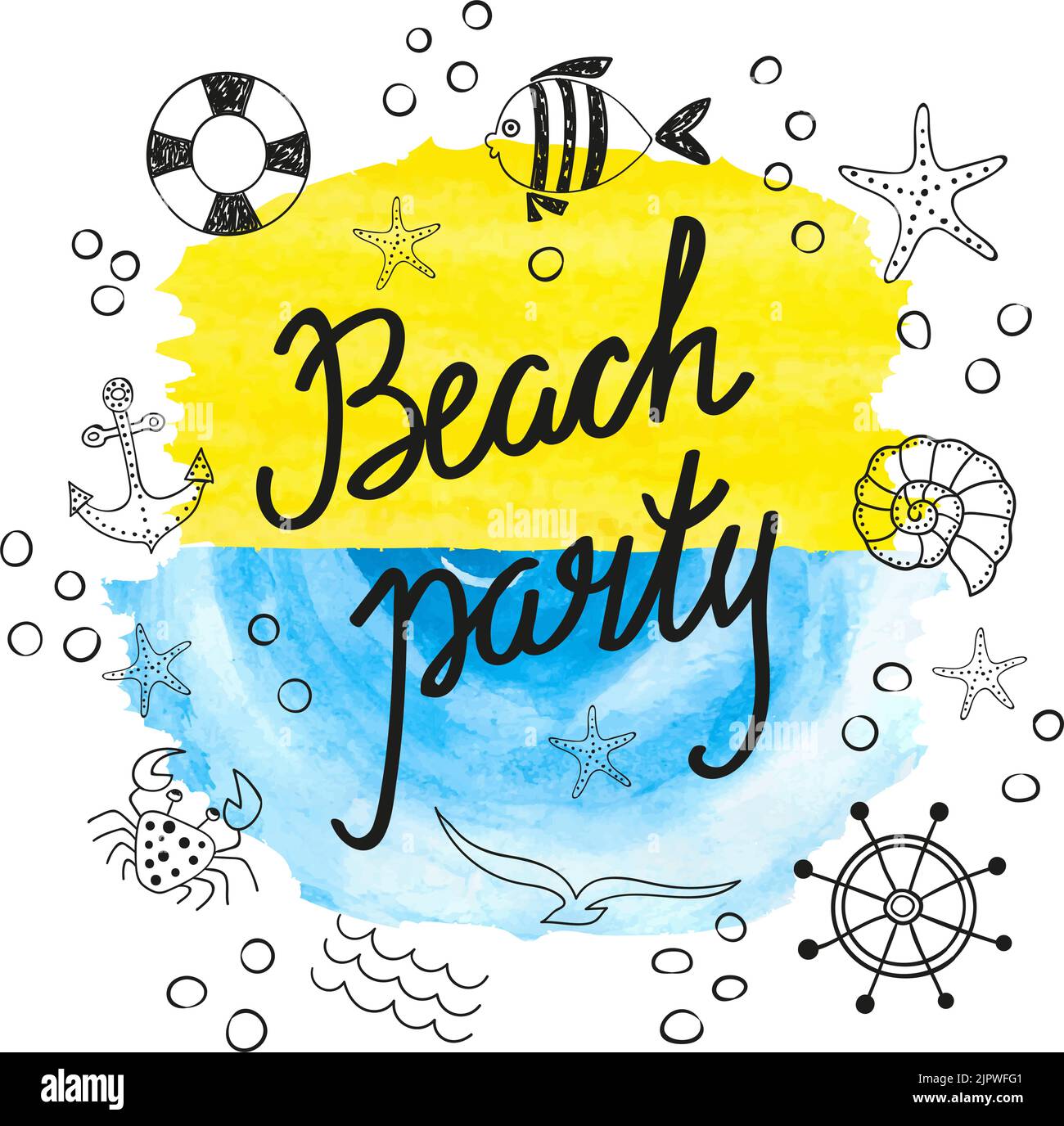 Beach party poster design. Vector illustration of doodle marine icons ...