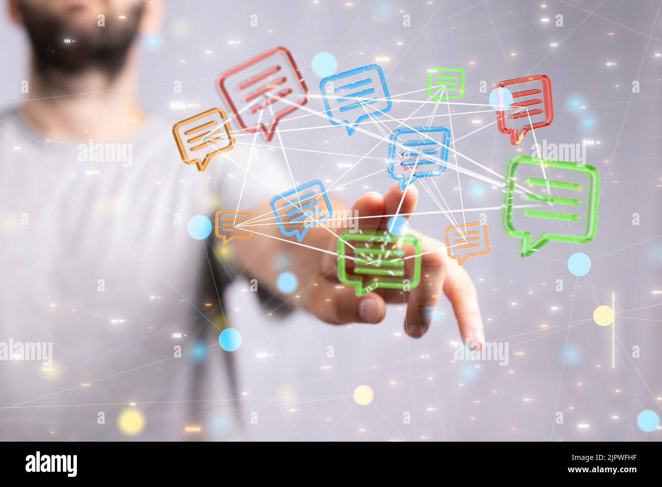 A male pointing at message icons - communication concept Stock Photo ...