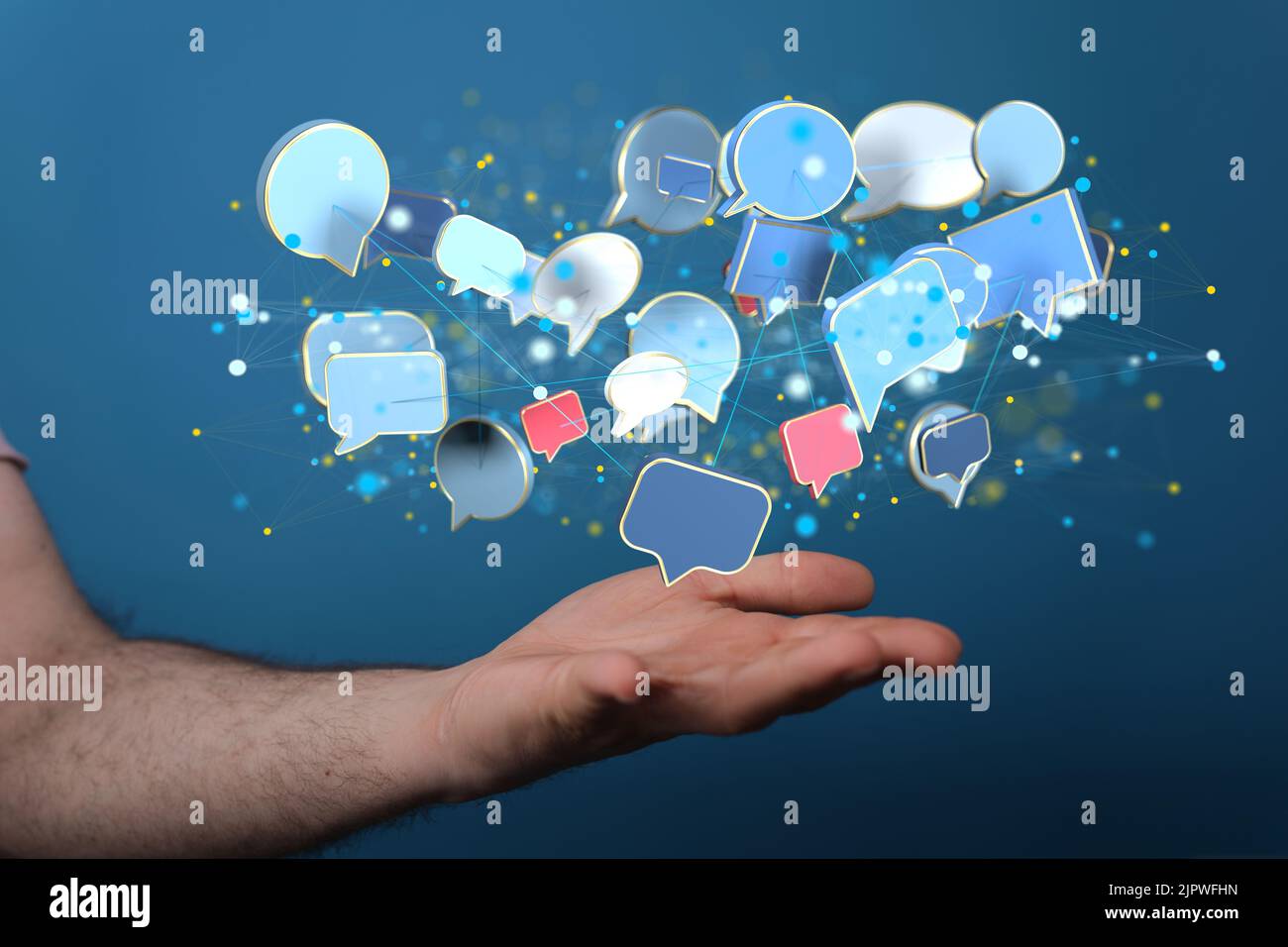A male holding message icons - communication concept Stock Photo - Alamy