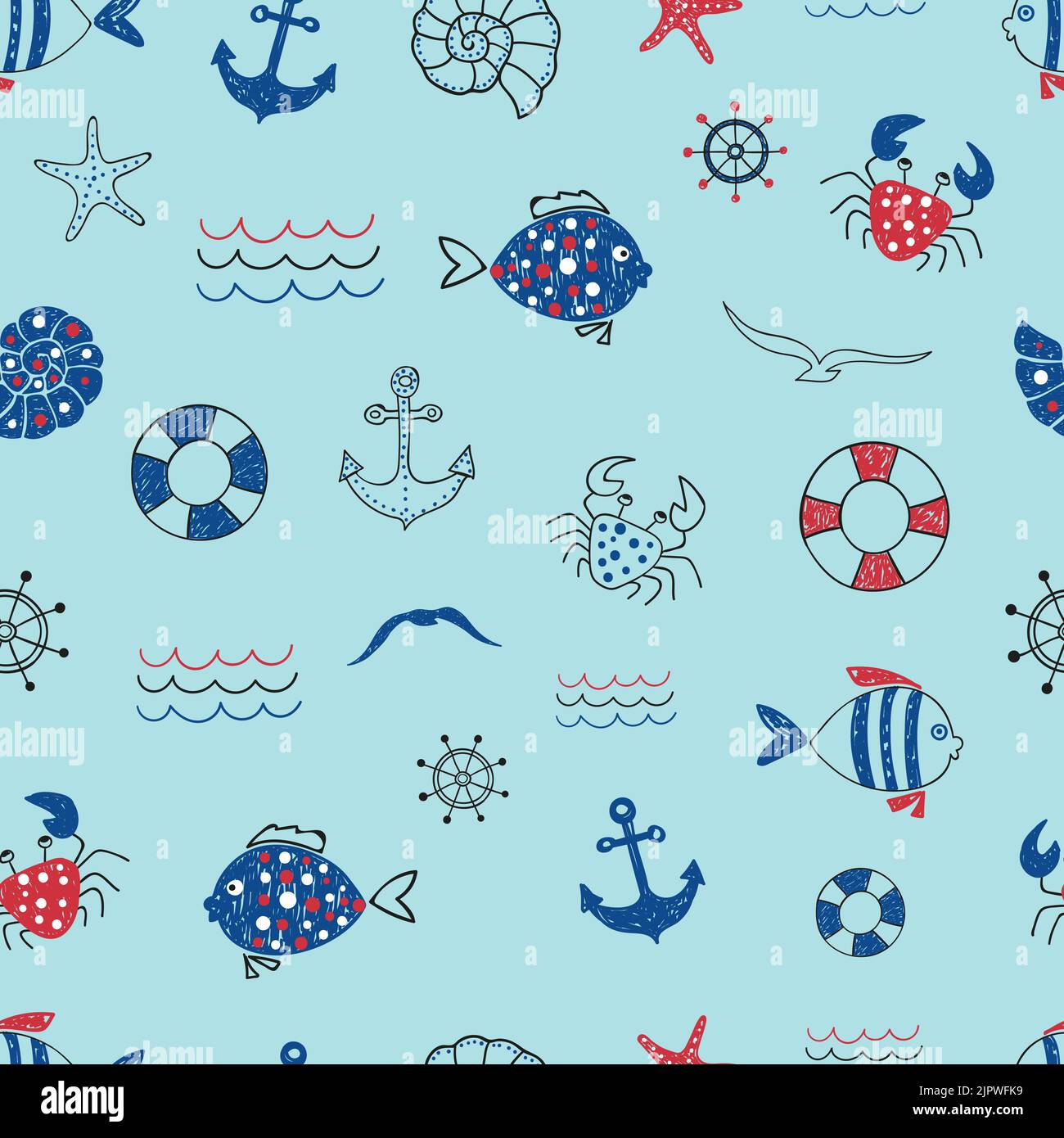 Cute marine life seamless pattern. Doodle vector sea background with ...