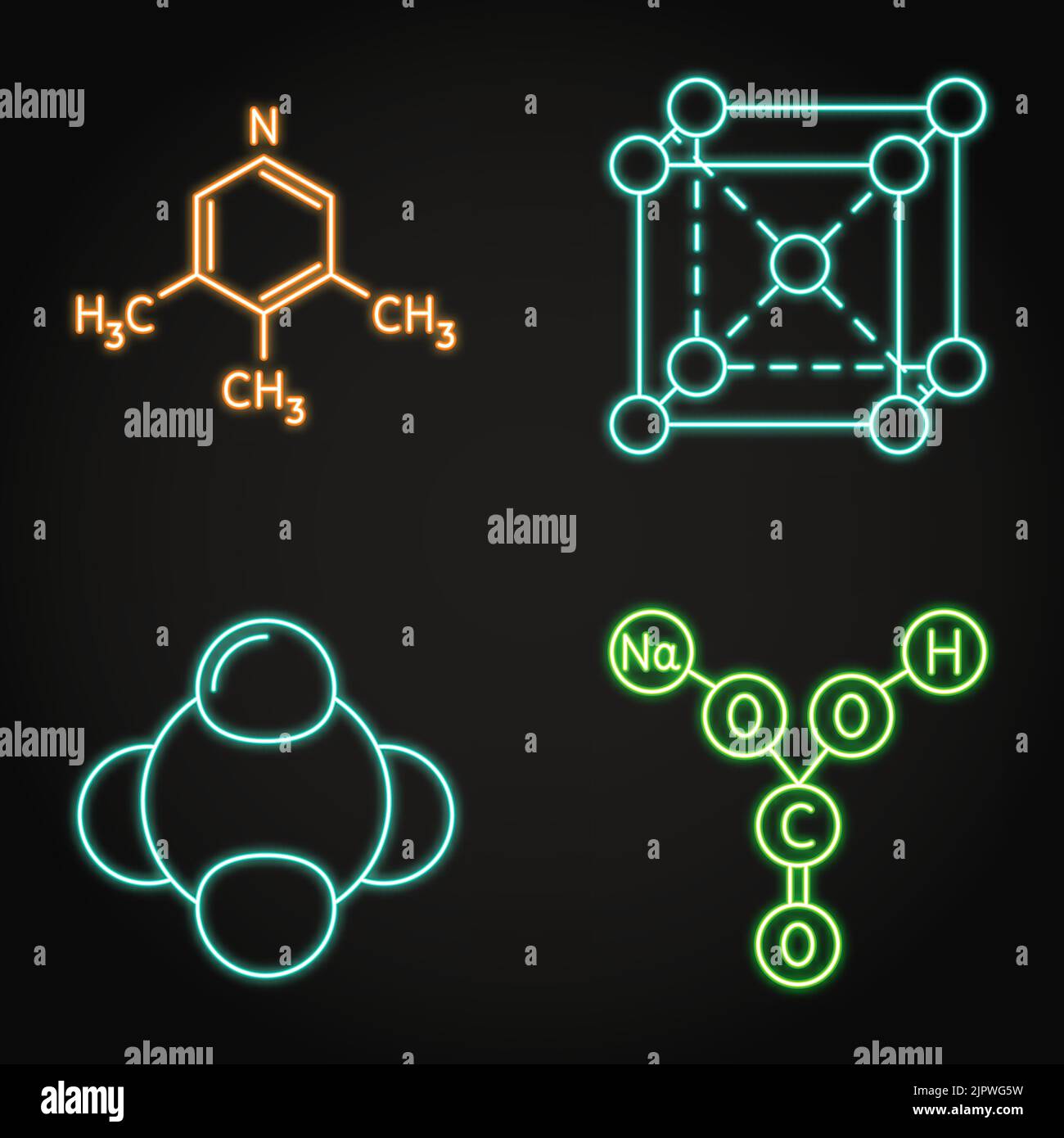 Neon Chemistry Science Icon Set In Line Style Chemical Formula And Molecule Structure Symbols