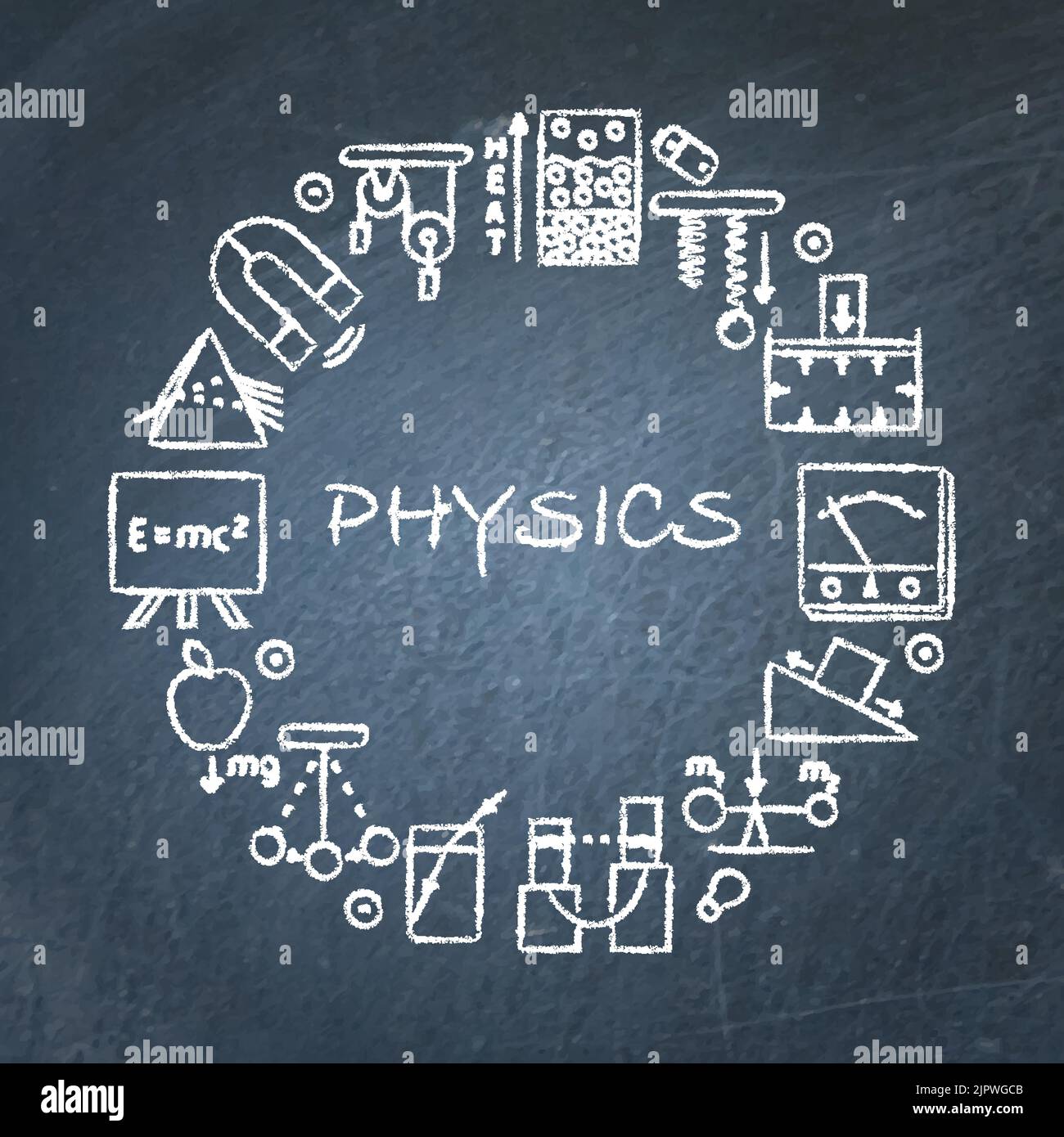 Physics science round banner on chalkboard. Physical symbols on ...