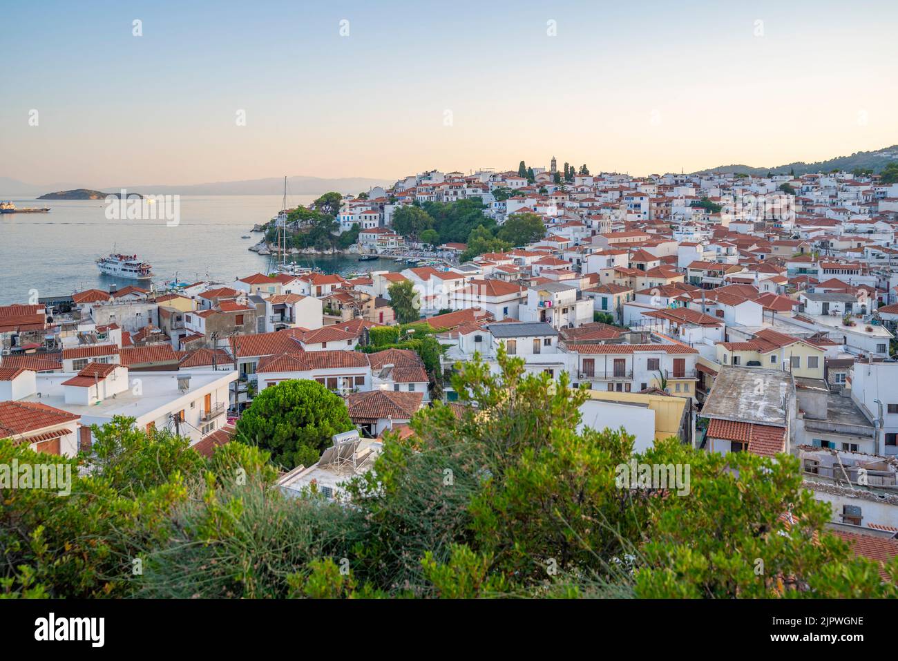 View of Skiathos Town from St Nicholas Church at sunset, Skiathos ...