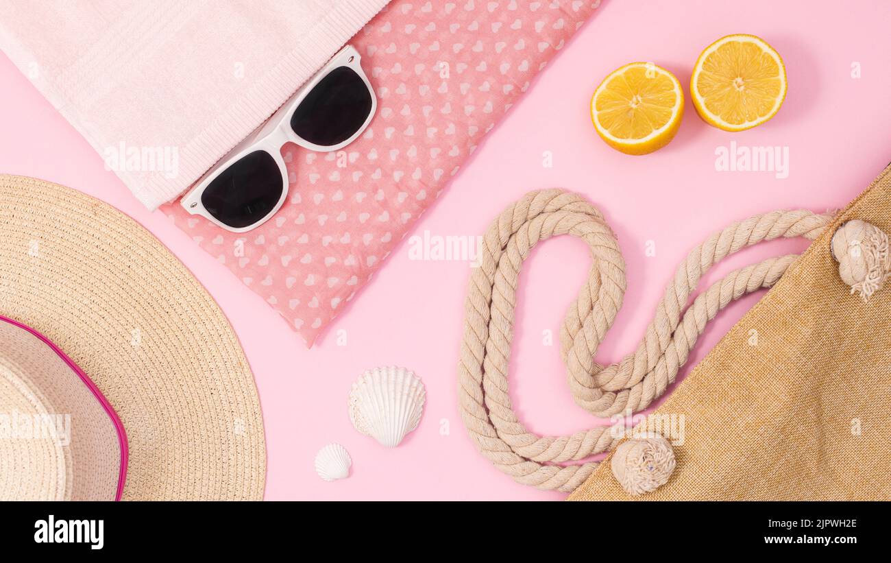 BEach accessories on pastel pink background. Summer concept flat lay ...