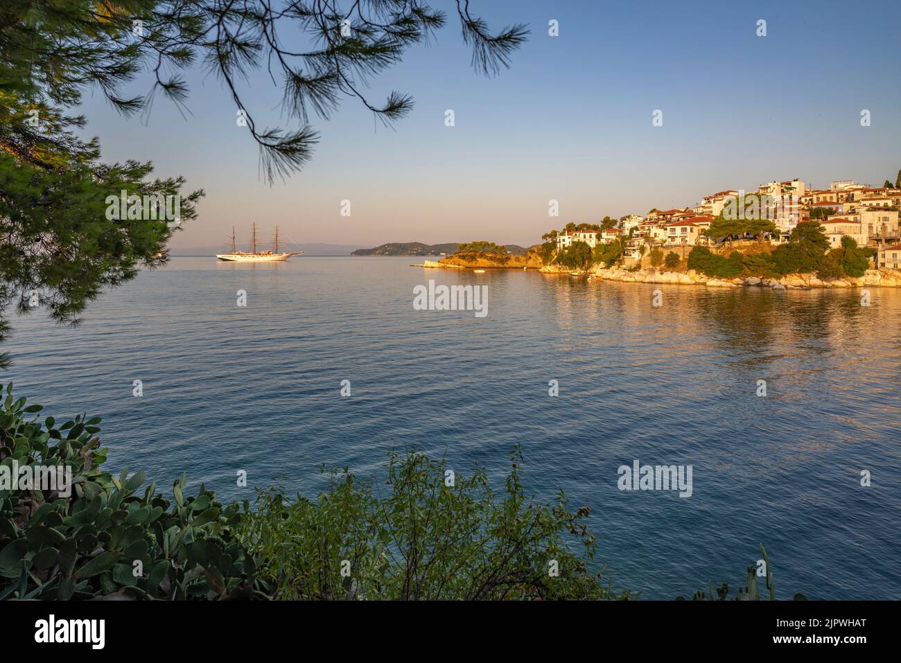 View of sailing ship and Belvedere Skiathos Old Port at sunrise in ...