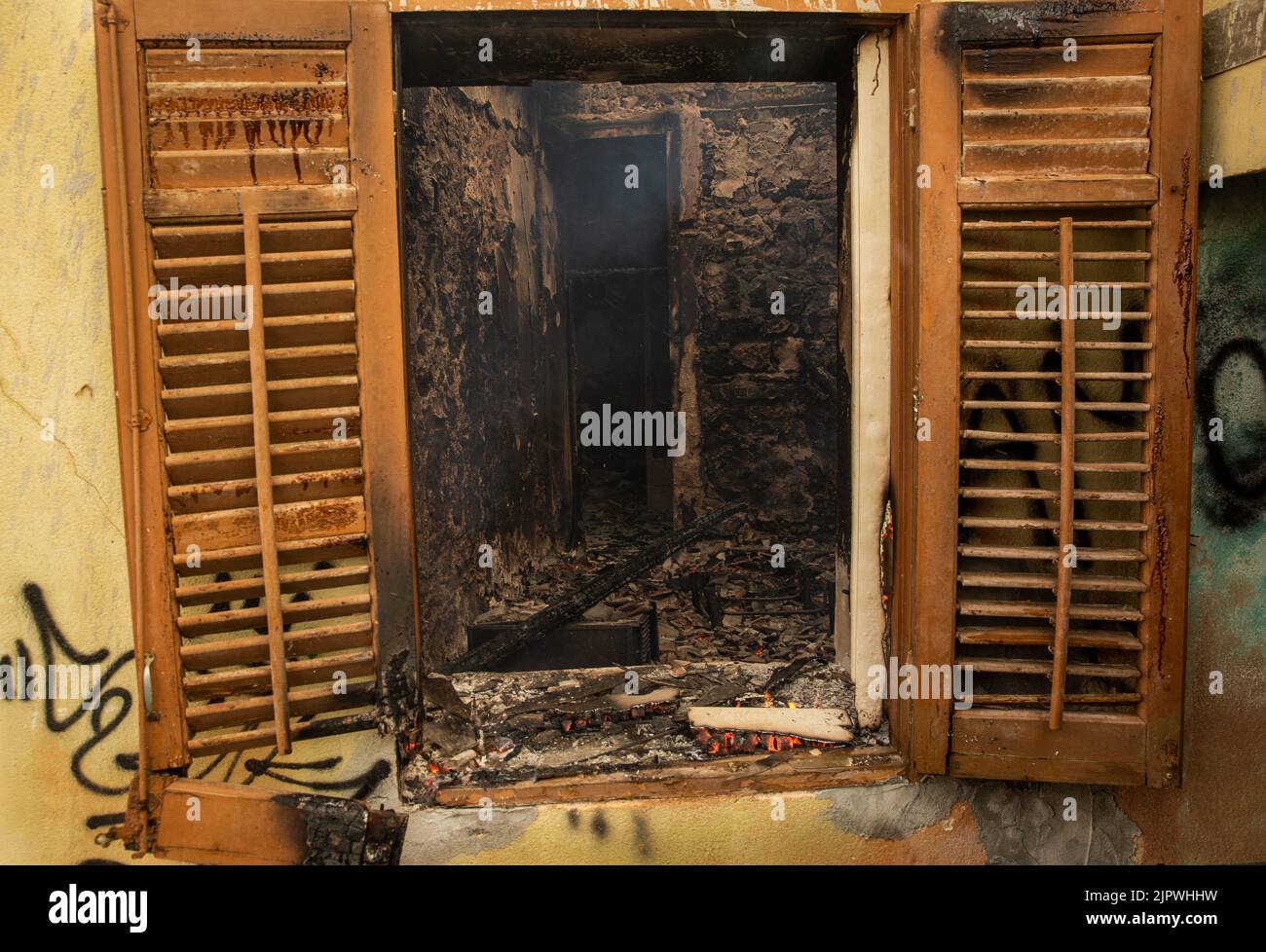View of the inside of a house burned down by the fire. A fire forces ...