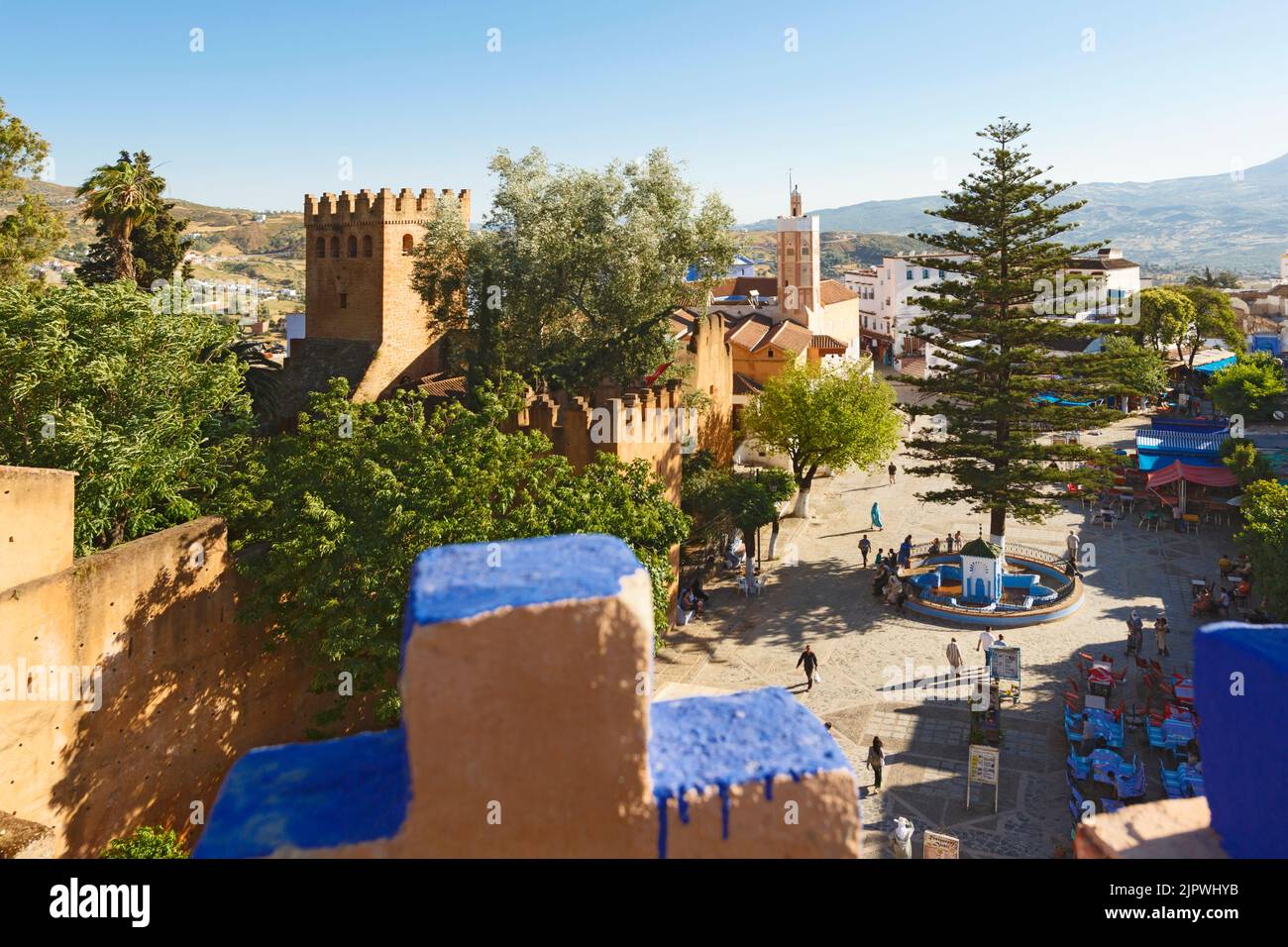 Chefchaouen, Morocco. View across Place Outa El Hamman. Tower of the ...