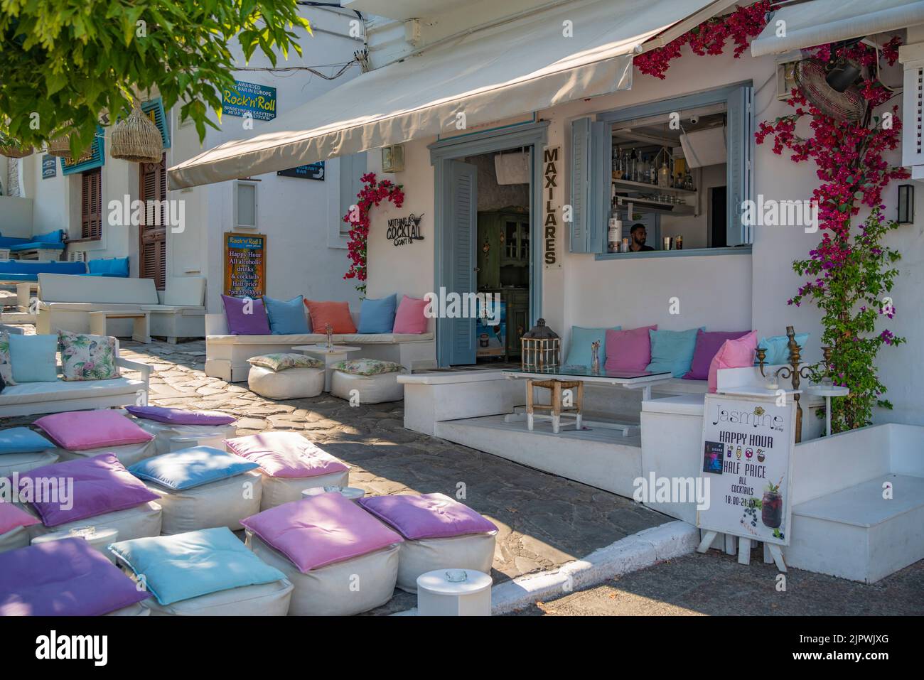 View of cocktail bar in Skiathos Town, Skiathos Island, Sporades ...