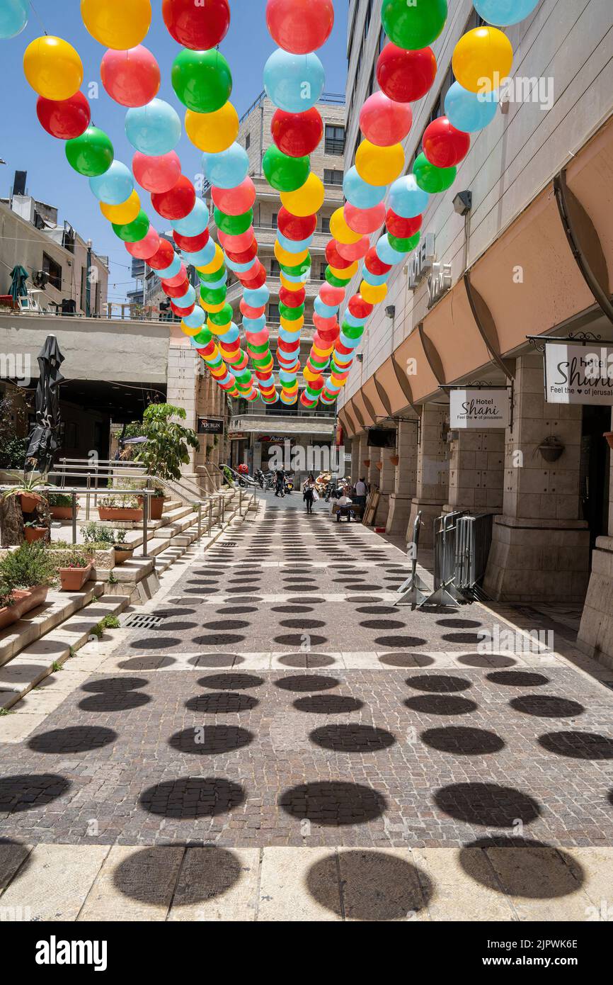Jerusalem, Israel - June 2nd, 2022: Colorful balloons hanging over a ...