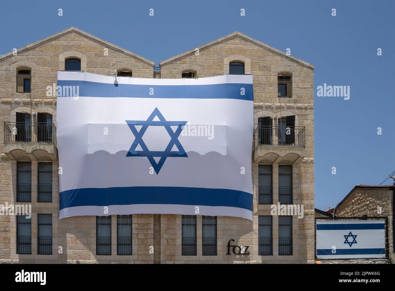 Jerusalem, Israel - June 2nd, 2022: Large israeli national flags ...