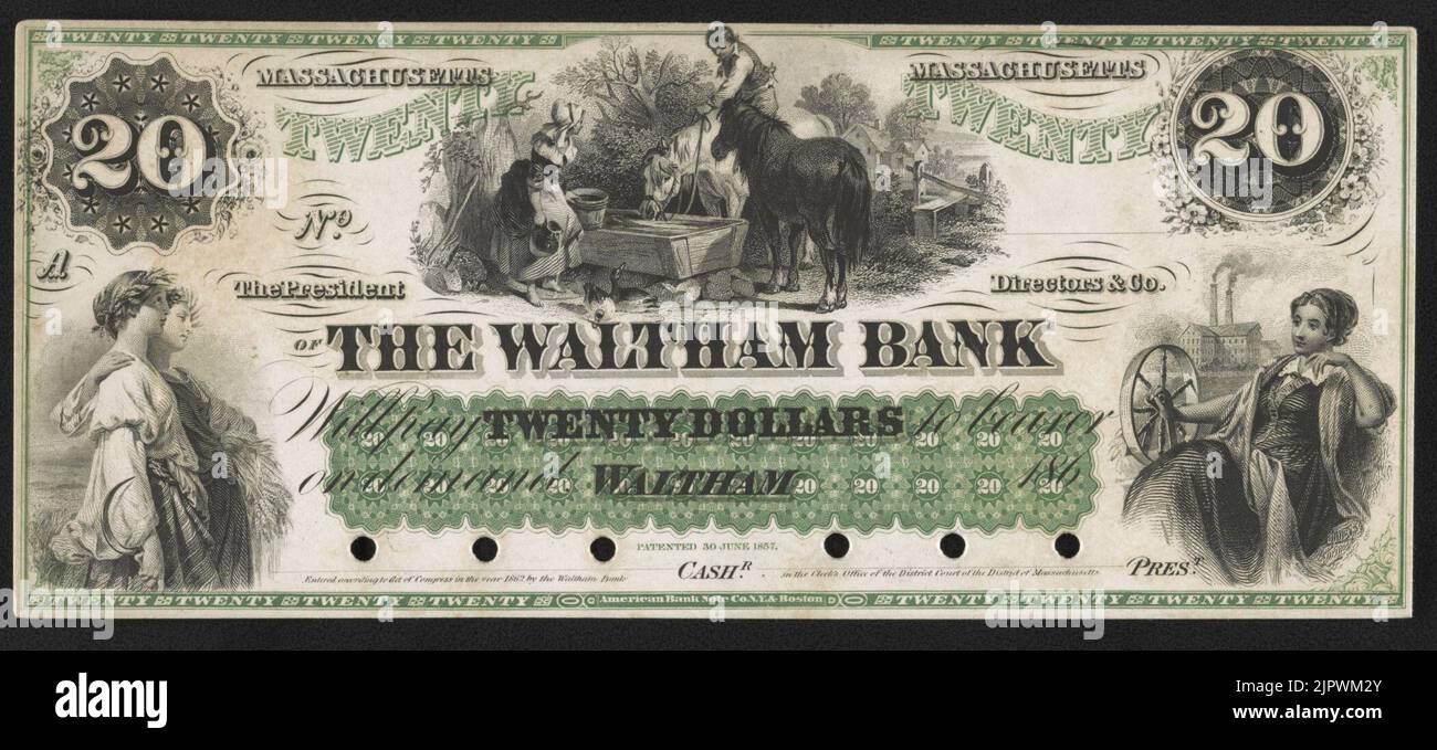 The Waltham Bank twenty dollar private bank note proof Stock Photo - Alamy