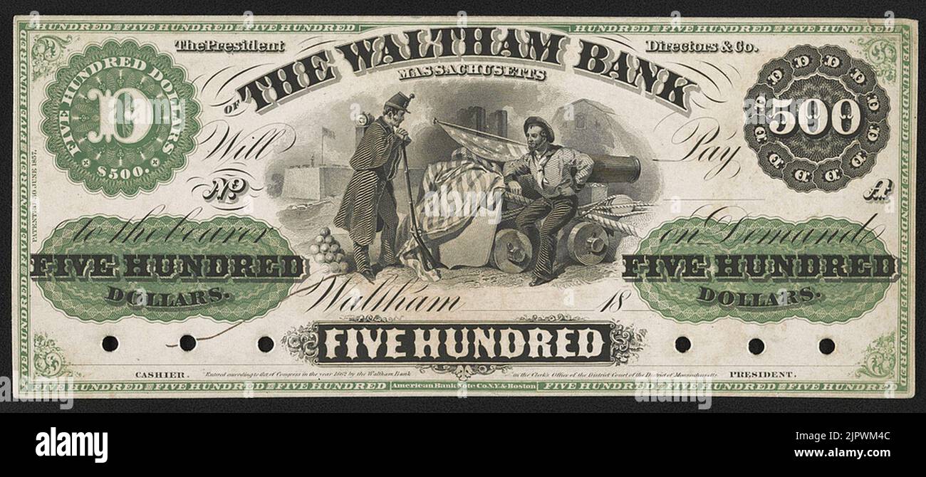 The Waltham Bank five hundred dollar private bank note proof Stock ...