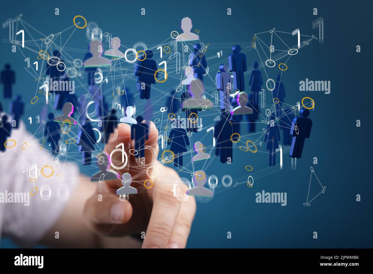 A closeup of a person pointing at an illustrative set of human figures ...