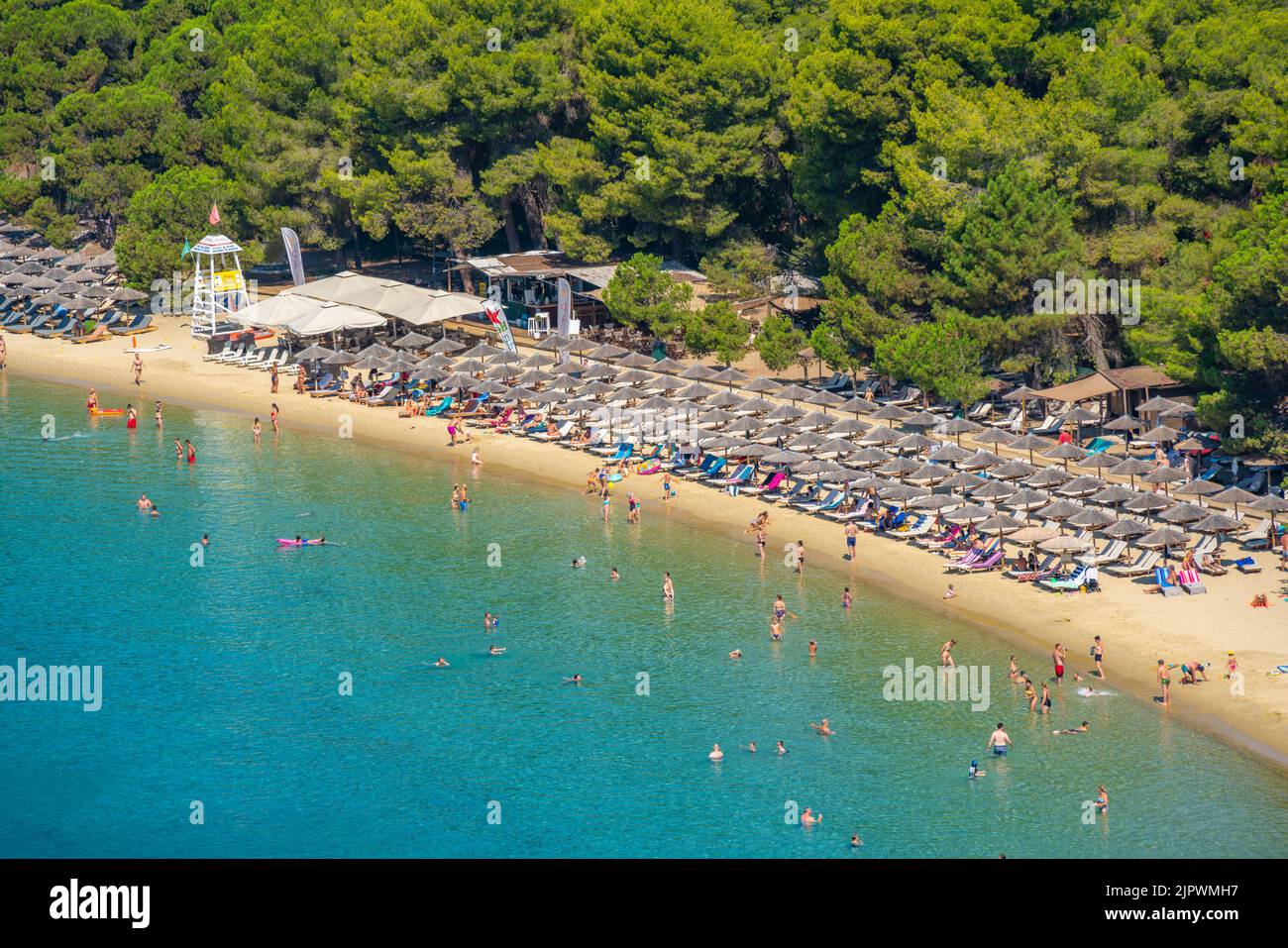 Aerial view of Koukounaries Beach, Skiathos Town, Skiathos Island, Sporades Islands, Greek ...