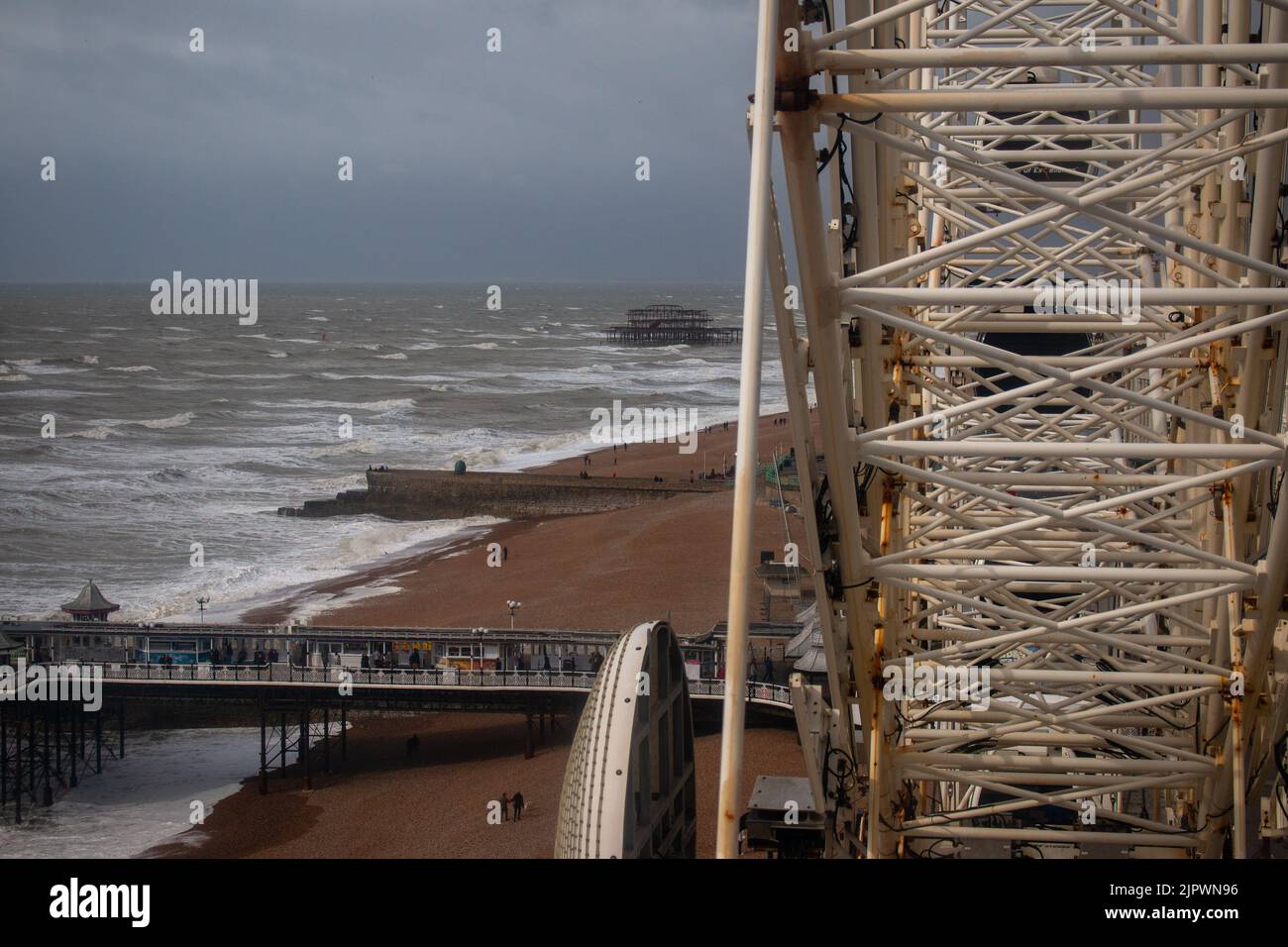 Seafront and piers of Brighton, the view from a ferris wheel, England ...