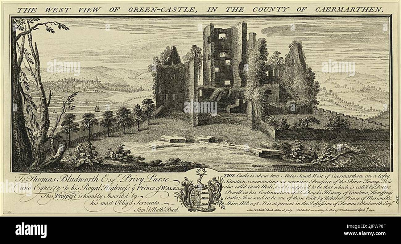 The west view of Green Castle, in the county of Caermarthen Stock Photo ...