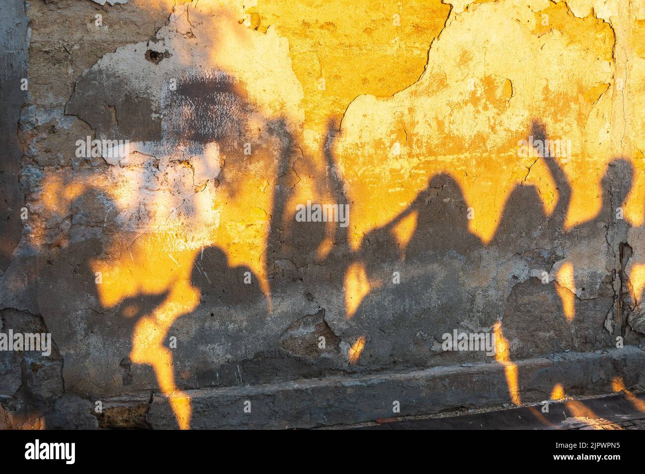 Shadows of dancing people on an old wall at sunset time. Group of human ...