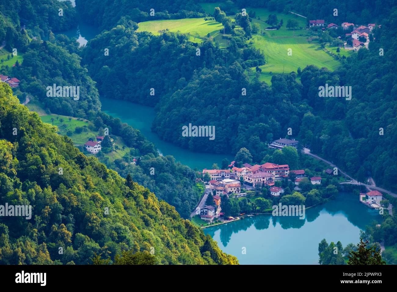 Magic river valley from above. Beautiful Soca valley in Slovenia with ...