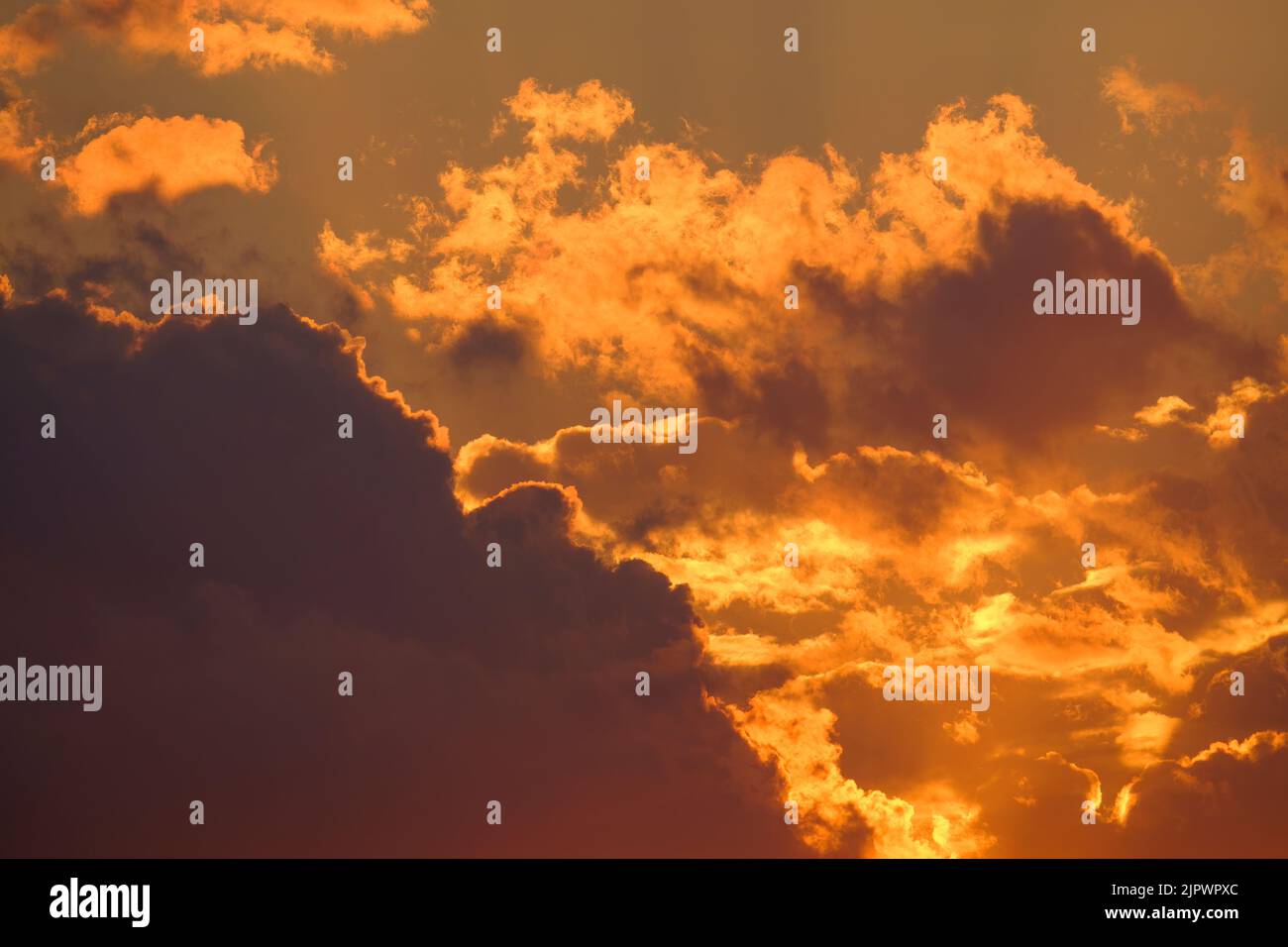 Burning sunset background. Sunset clouds illuminated by golden sun ...